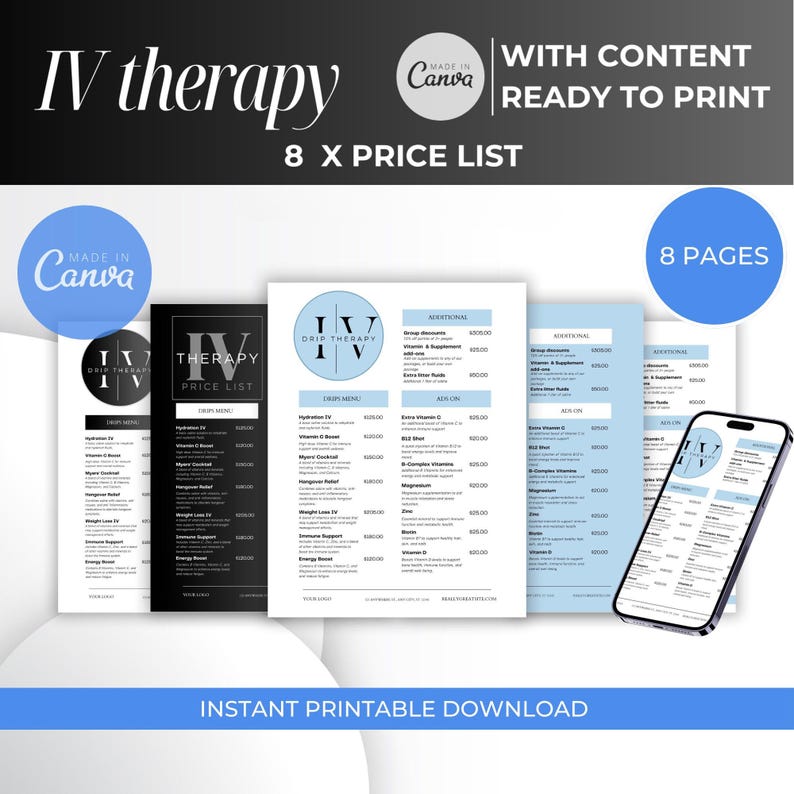 IV Therapy Price List Canva Menu | IV Hydration Template Price List, IV ...