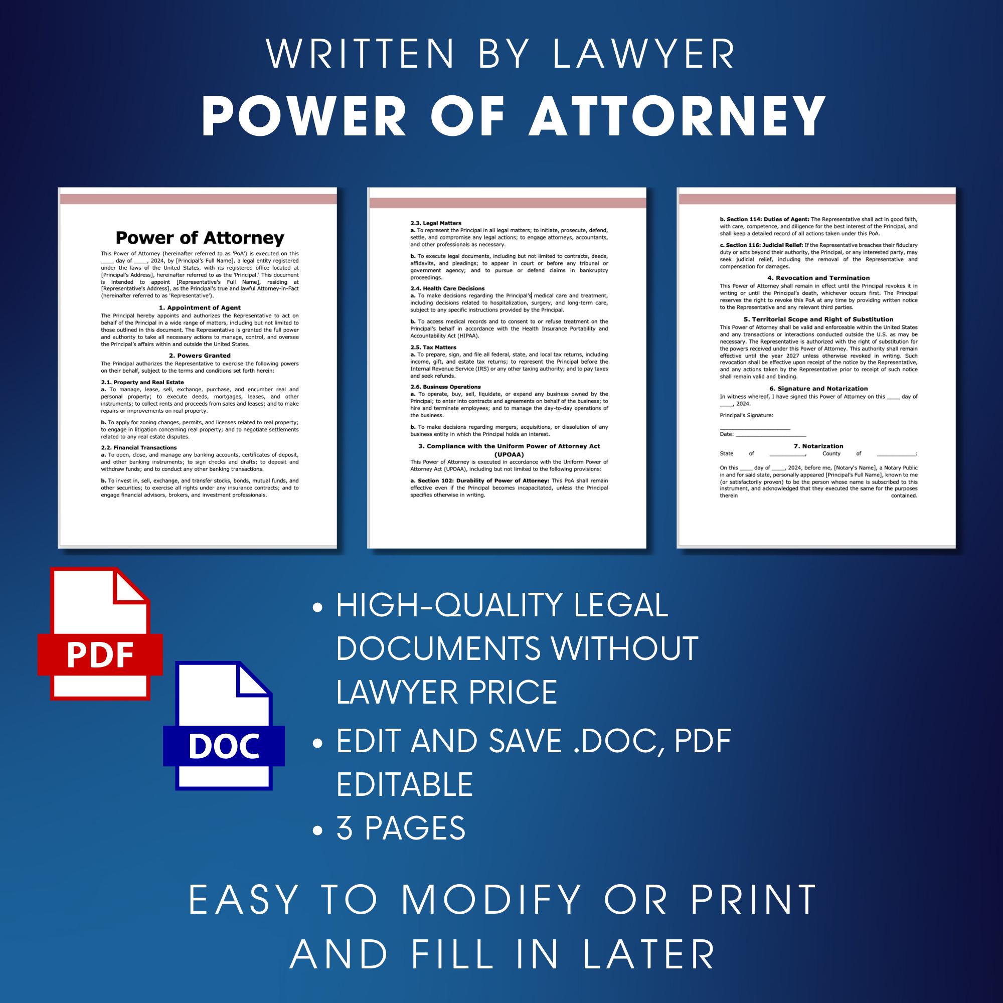 Power of Attorney, Durable Power of Attorney, Template, Document ...