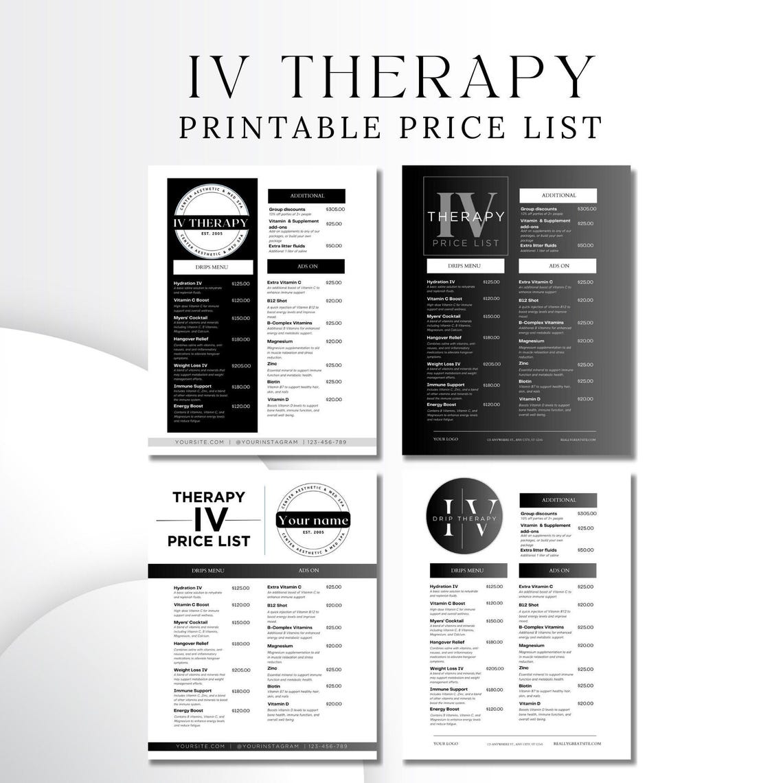 IV Therapy Price List Canva Menu | IV Hydration Template Price List, IV ...