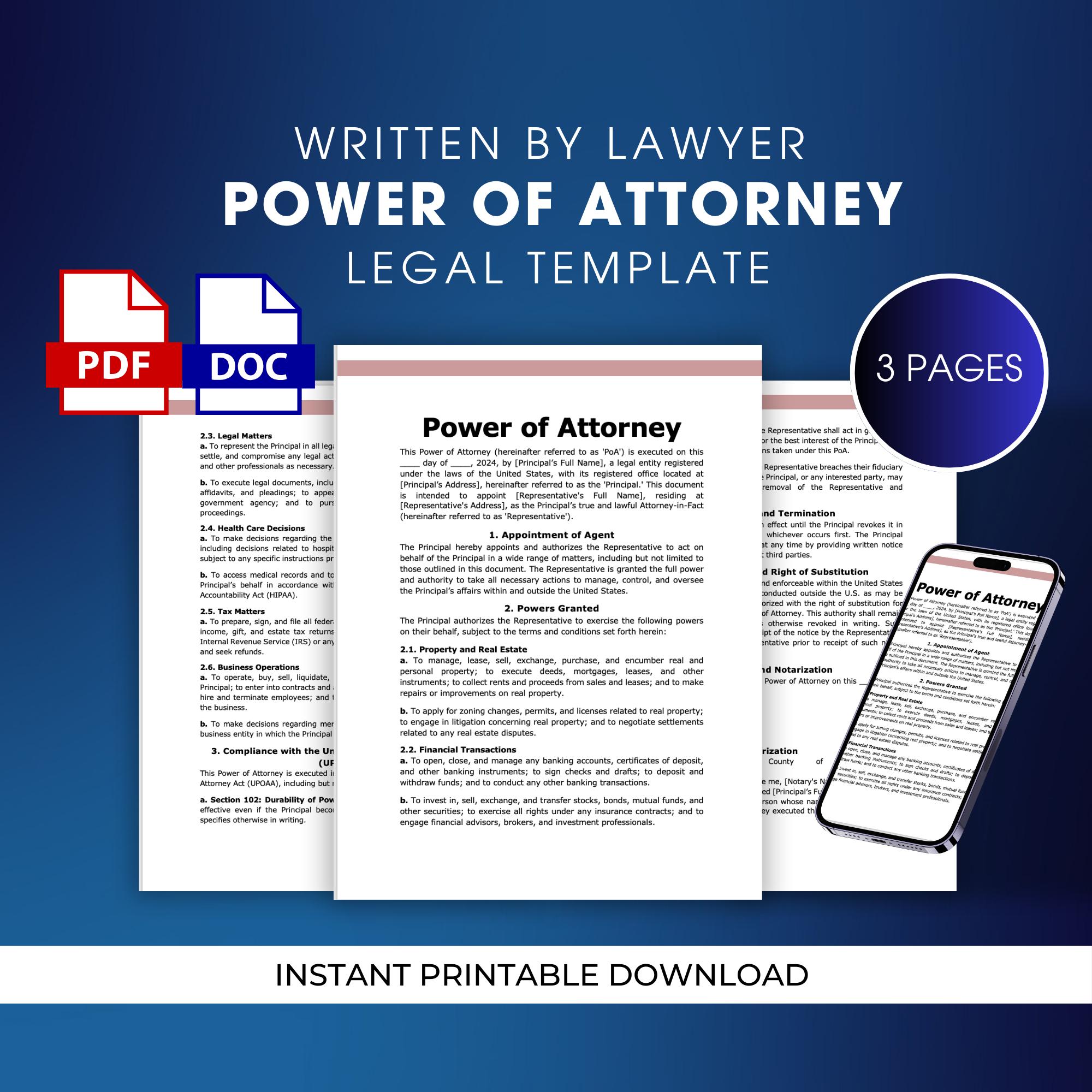 Power of Attorney, Durable Power of Attorney, Template, Document ...