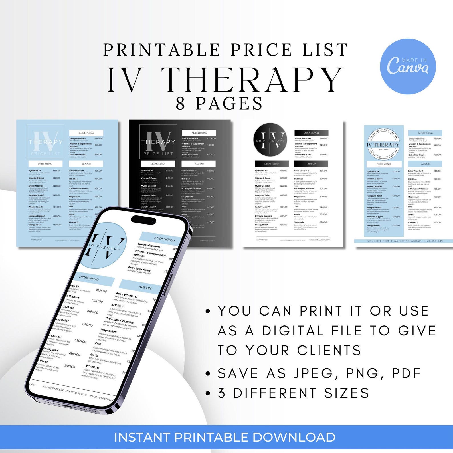 IV Therapy Price List Canva Menu | IV Hydration Template Price List, IV ...