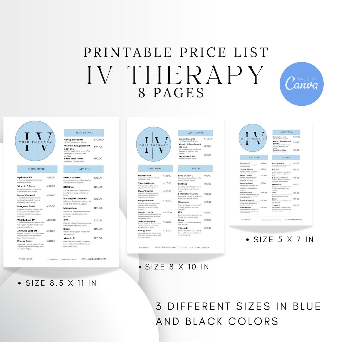 IV Therapy Price List Canva Menu | IV Hydration Template Price List, IV ...