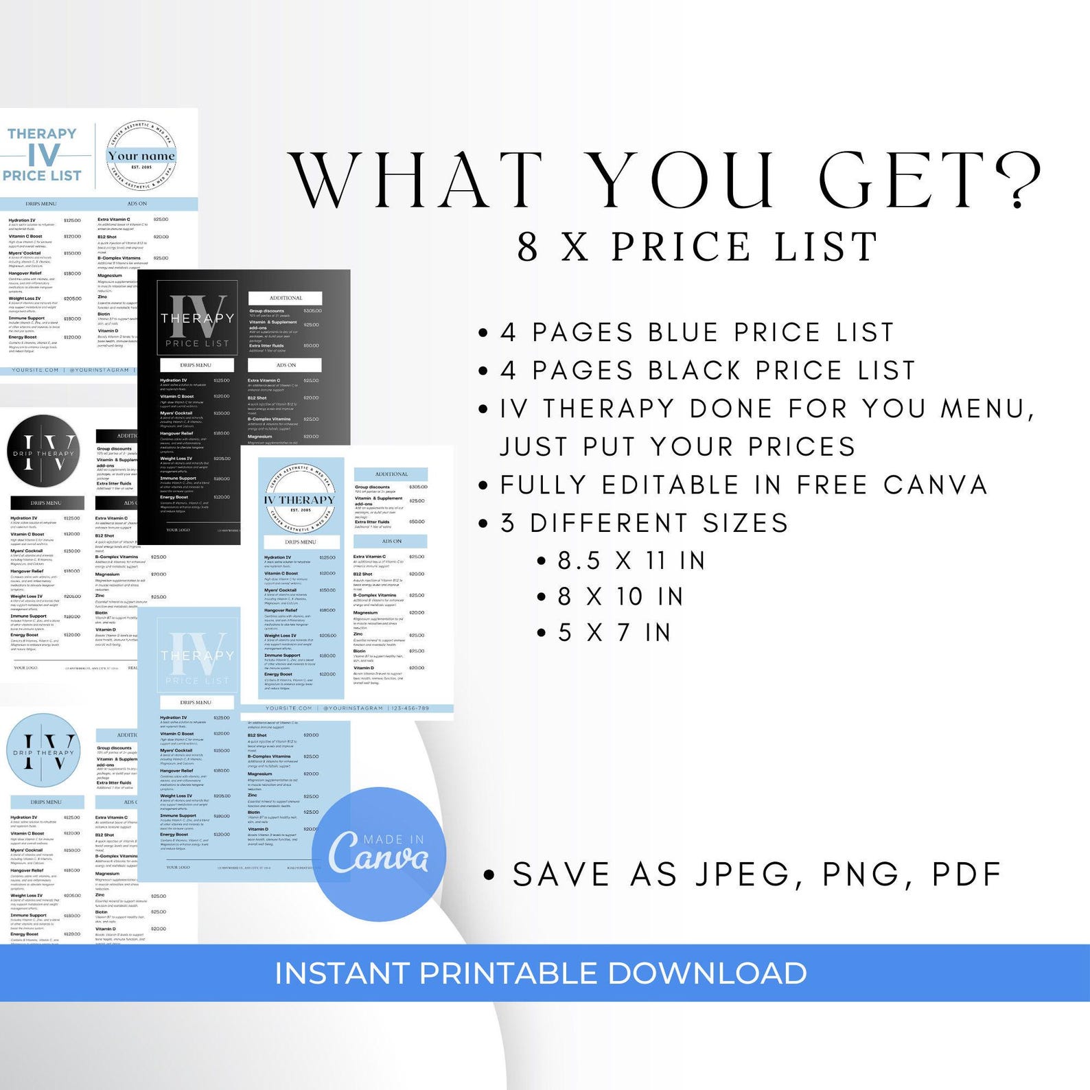 IV Therapy Price List Canva Menu | IV Hydration Template Price List, IV ...
