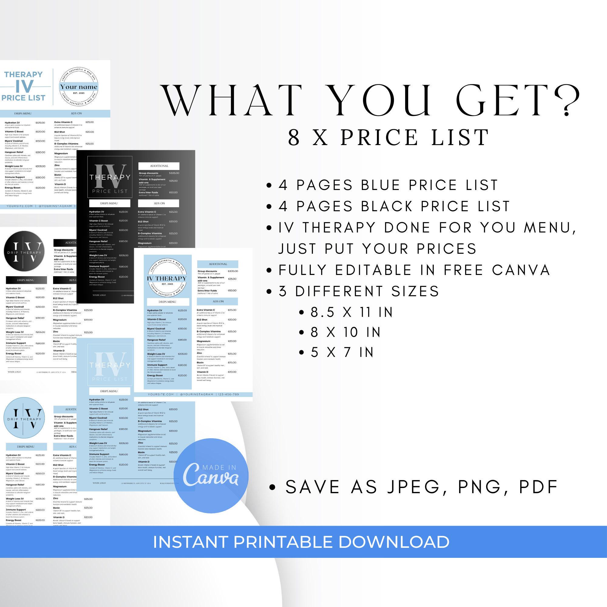 IV Therapy Price List Canva Menu | IV Hydration Template Price List, IV ...