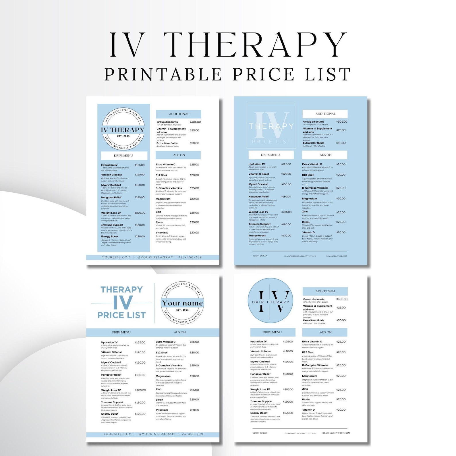 IV Therapy Price List Canva Menu | IV Hydration Template Price List, IV ...