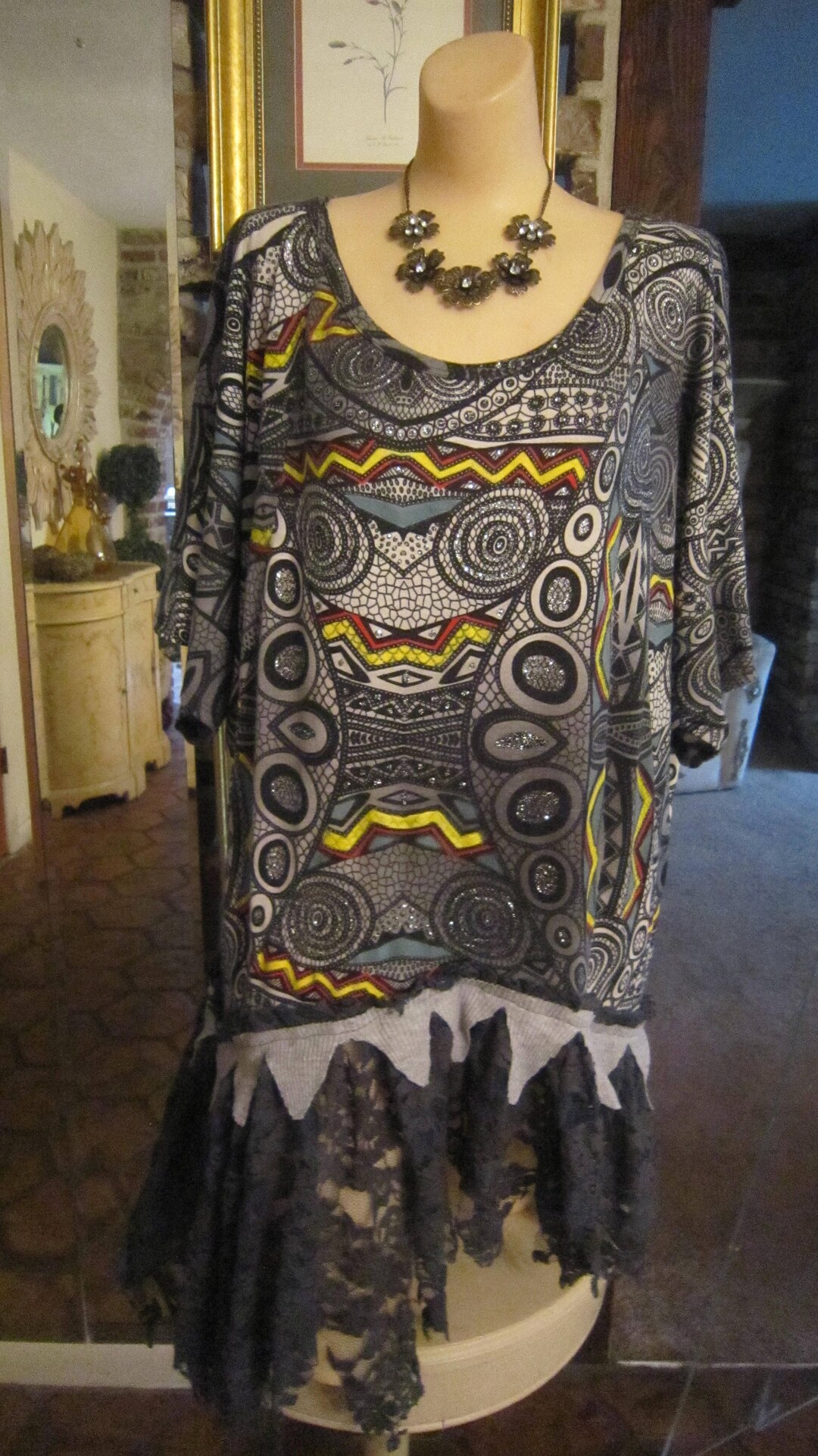 Upcycled Tunic Top: Hand-painted Tribal Print, Tattered Lace, Size ...