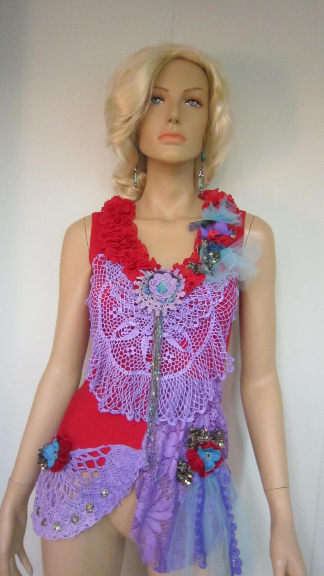 Unique Red Top, Art to Wear, Rib Top , Whimsy Top, Gypsy, Sequin ...