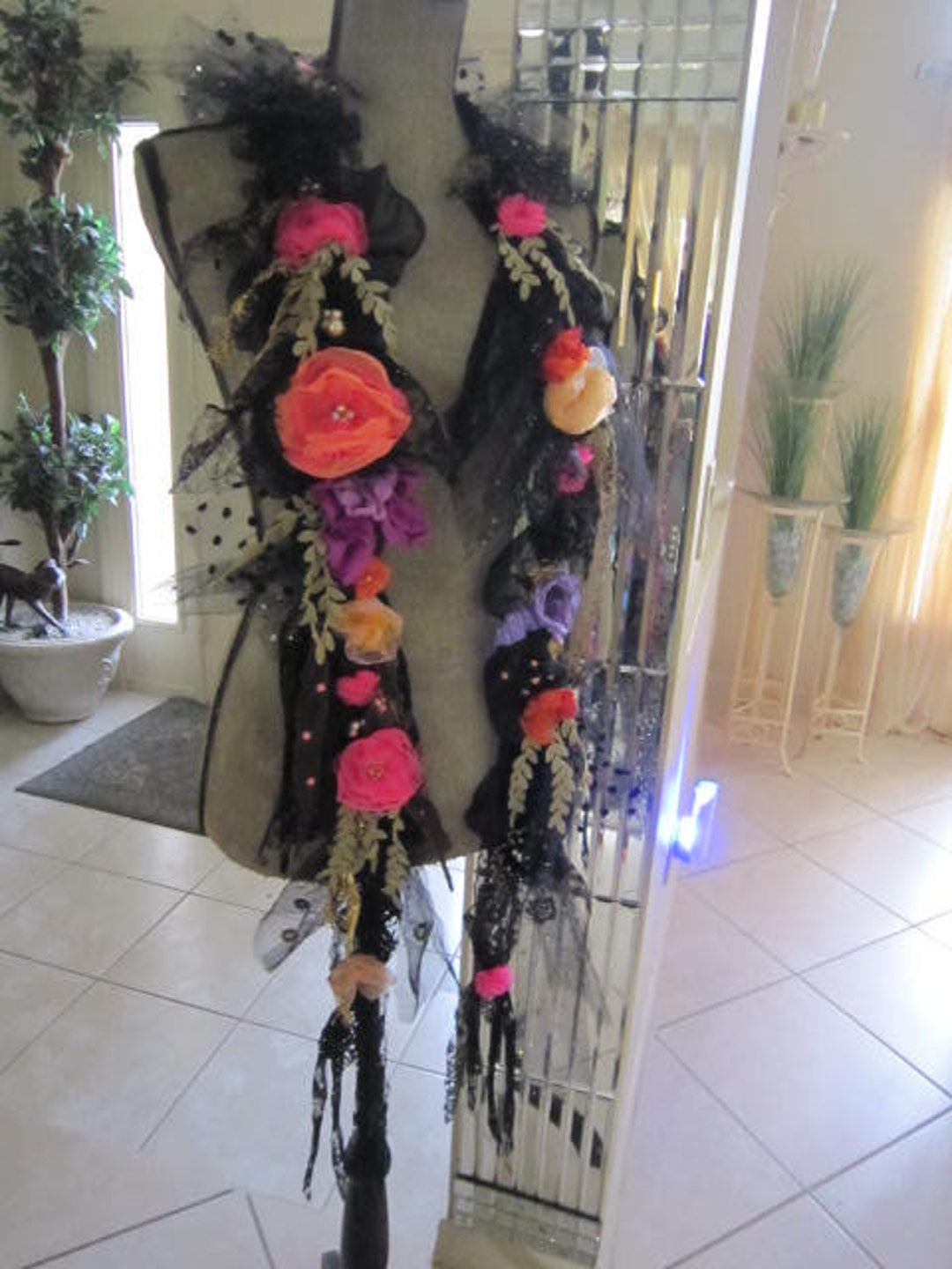 Bohemian Artsy Scarf, Embellished Scarf, Fairy Scarf, Tattered, Floral ...