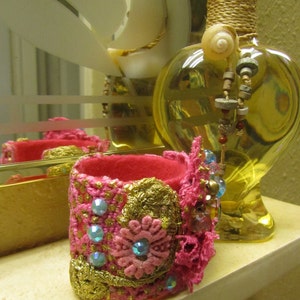 Pink Beaded Cuff ,tattered Lace, Boho Mixed Media, Boho Cuff ...