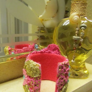 Pink Beaded Cuff ,tattered Lace, Boho Mixed Media, Boho Cuff ...