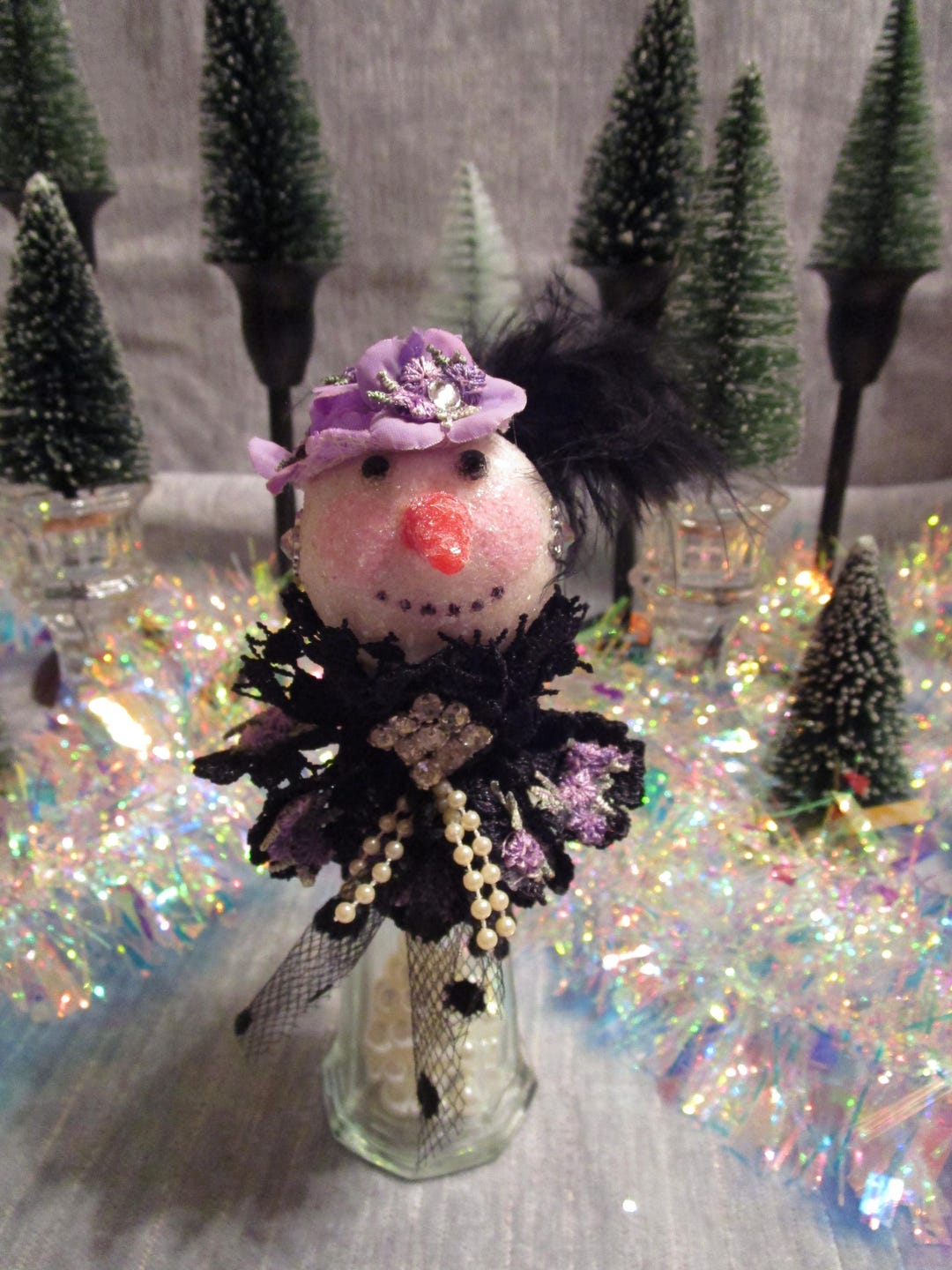 Glam Girl Snowman Salt Shaker: Black Lace & Lavender Floral - Etsy