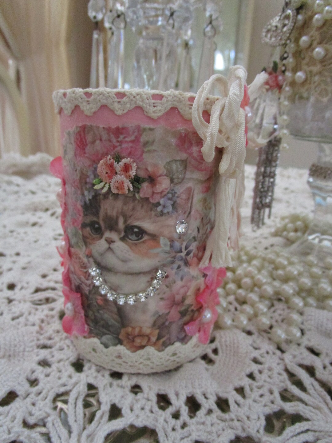 Shabby Chic Cat, Decorative Can, Embellished Can, Recycled Can, Home ...