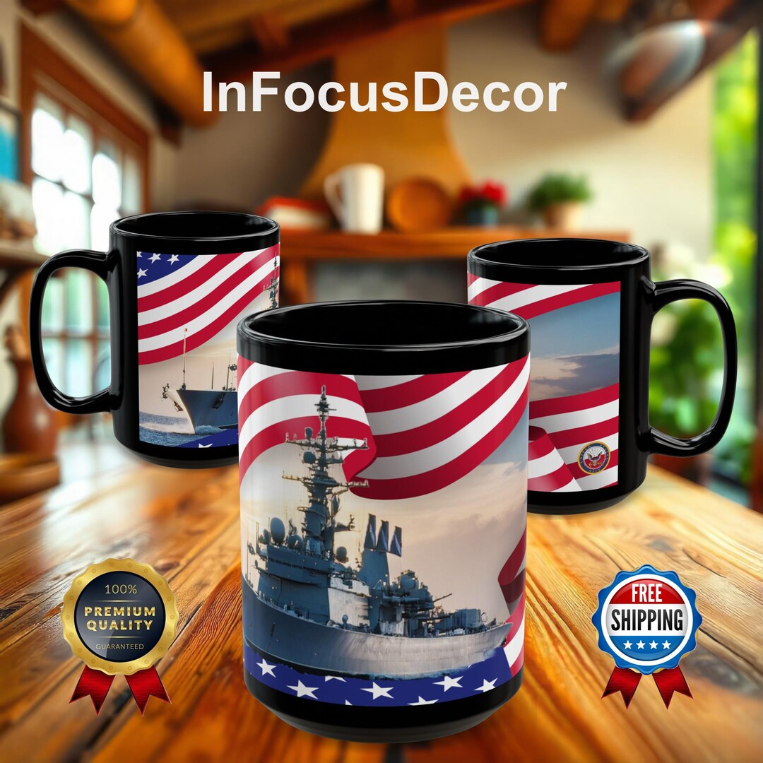 Mug, Patriotic USA Flag Navy Destroyer Ceramic Cup, Veteran Gift ...