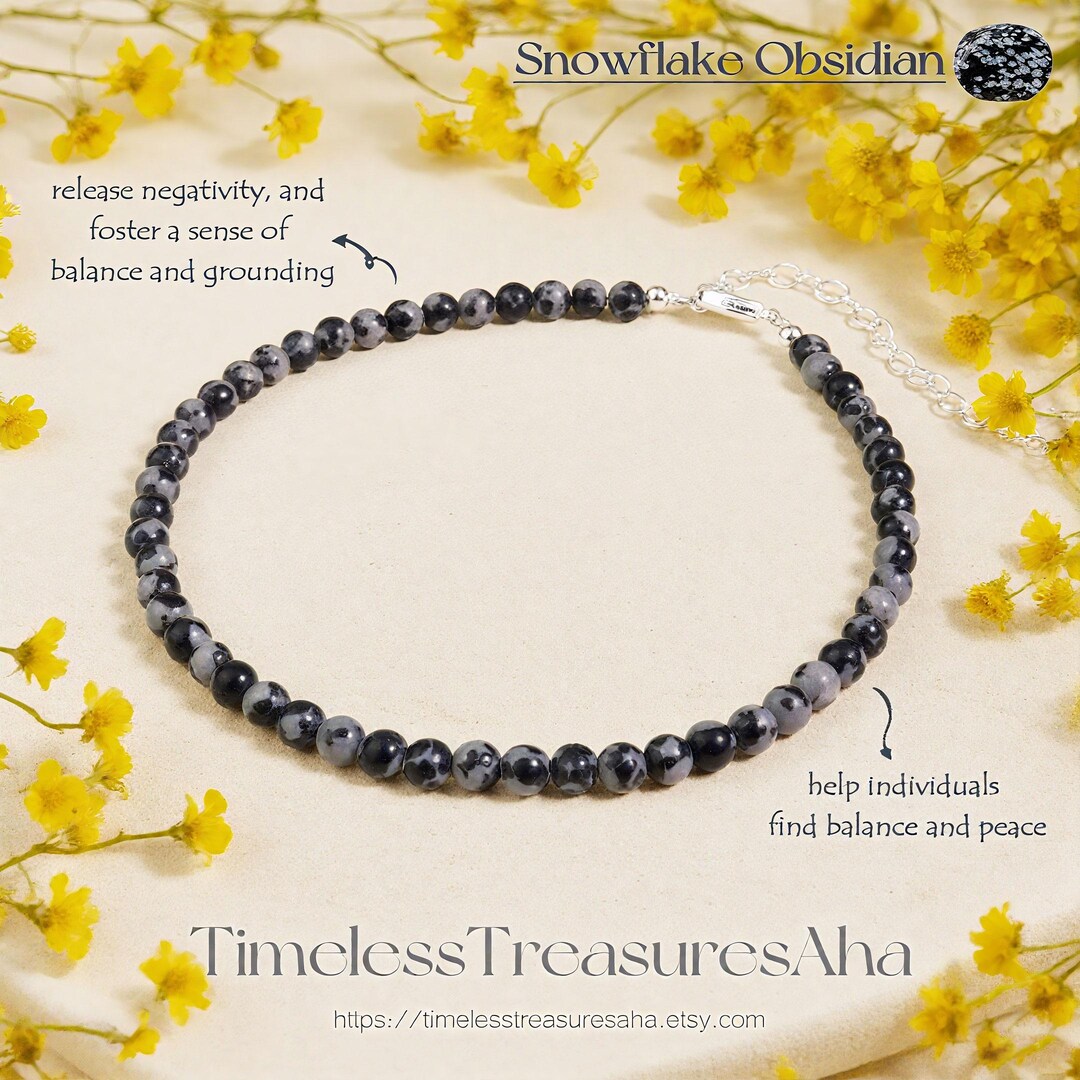Snowflake Obsidian Anklet / 4mm Round Black Obsidian Gemstone Beads ...