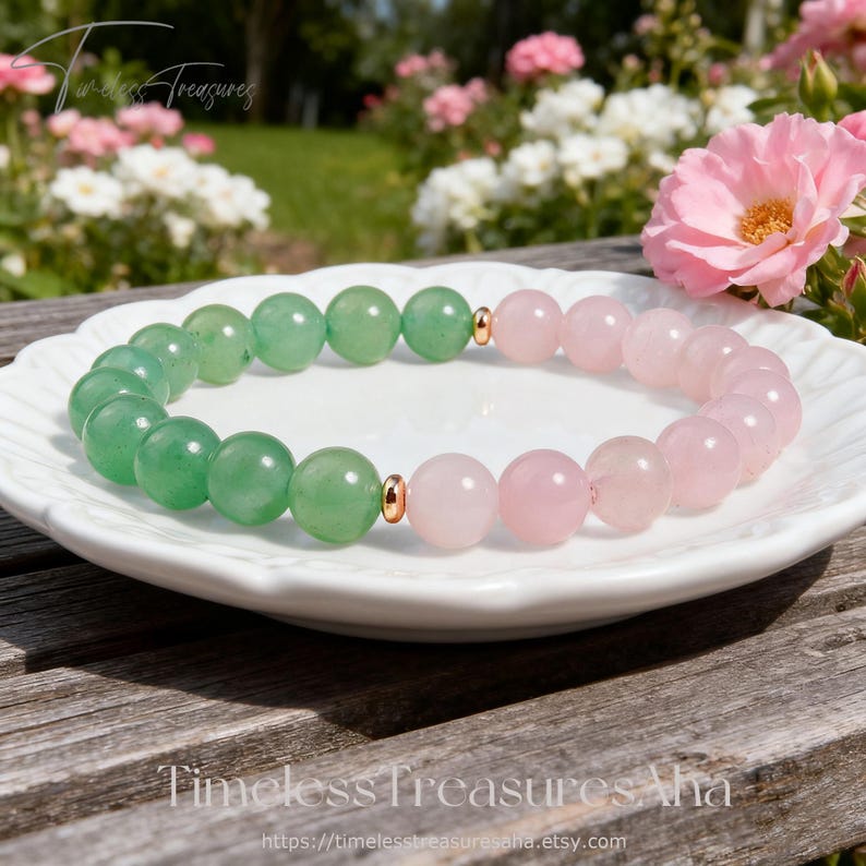 Rose Quartz & Green Jade Beaded Bracelet | 8mm Stretch Bracelet for ...