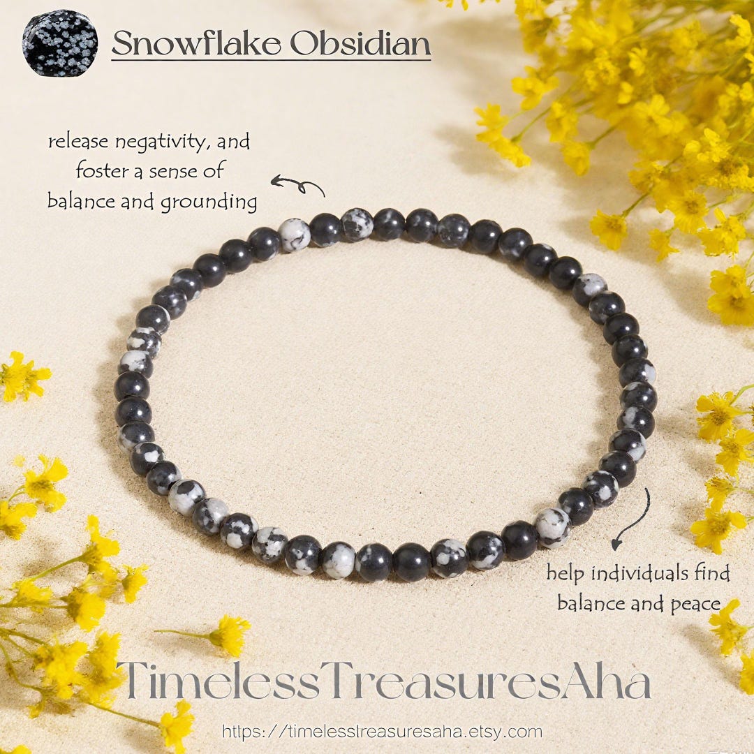 4mm Snowflake Obsidian Beaded Bracelet | Crystal Gemstone Bead Stretch ...