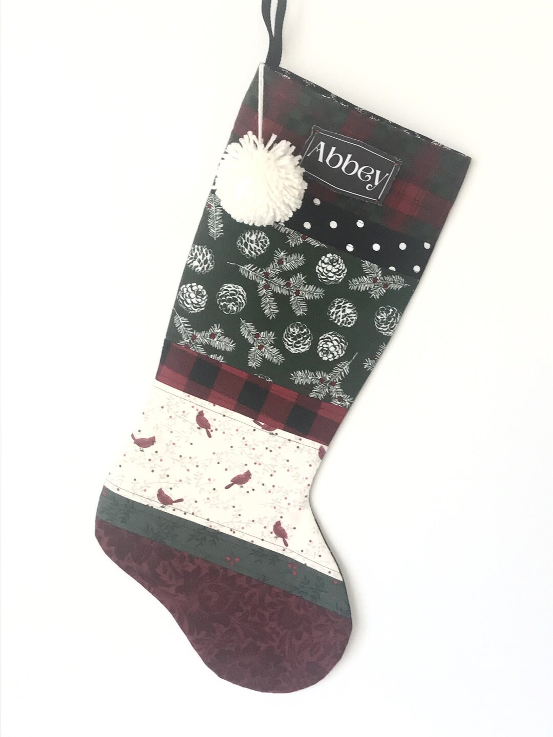 Quilted Christmas Stocking Red Bird and Pine Cone Flannel - Etsy