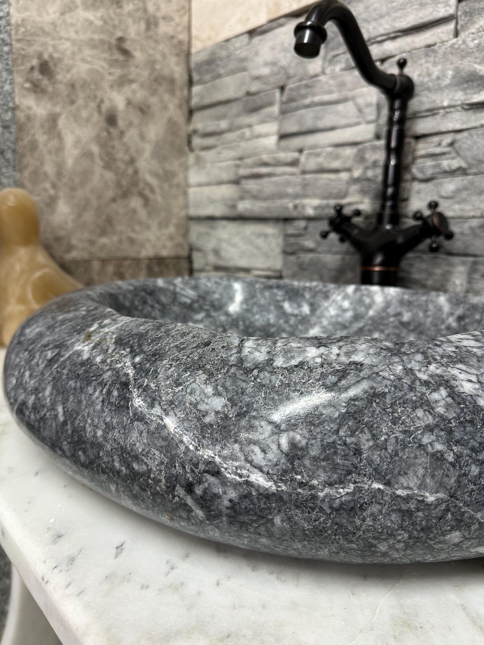 Grey Marble Vessel Sink, Round Bathroom Basin, Natural Stone Vanity ...