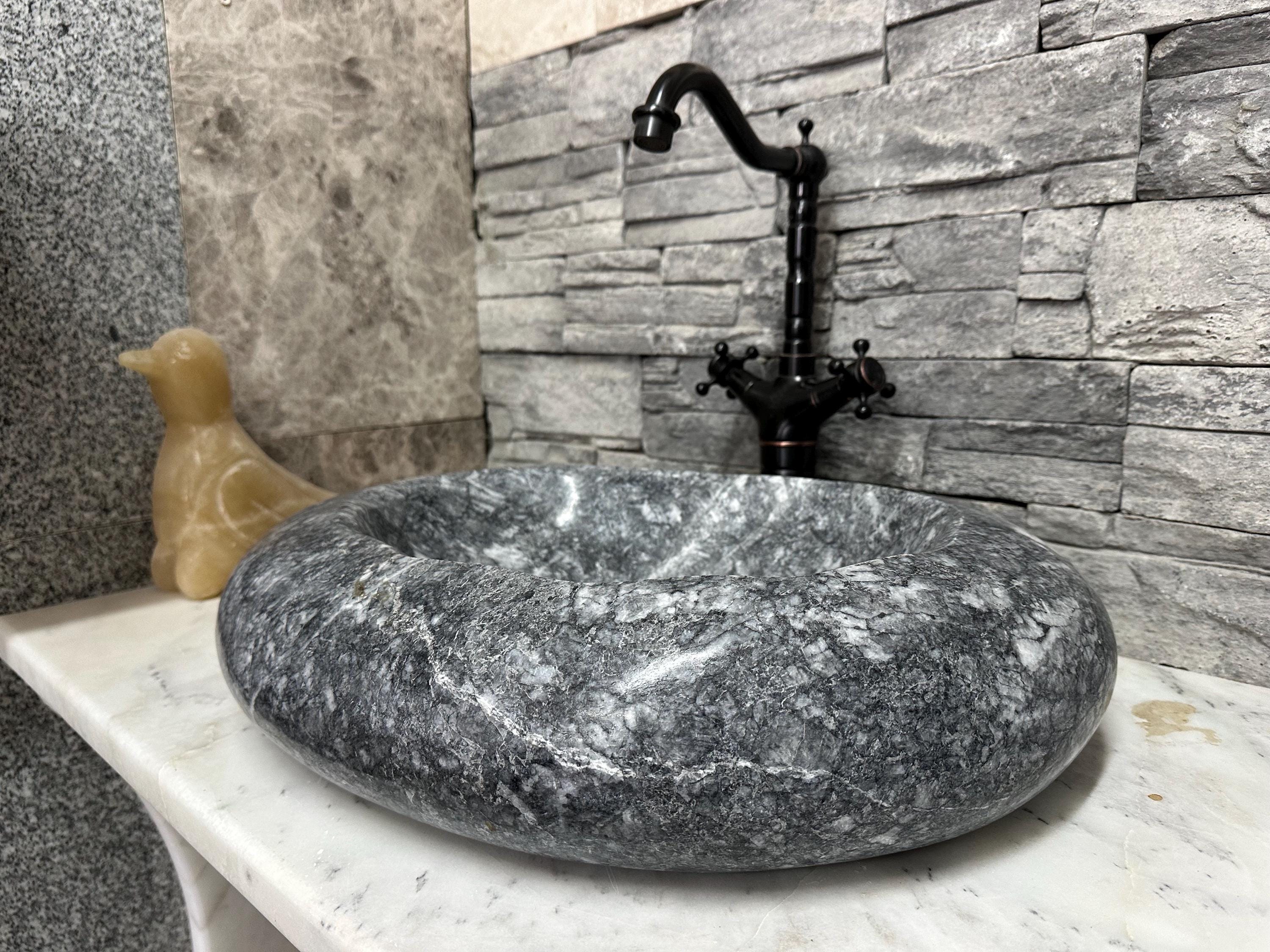 Grey Marble Vessel Sink, Round Bathroom Basin, Natural Stone Vanity ...
