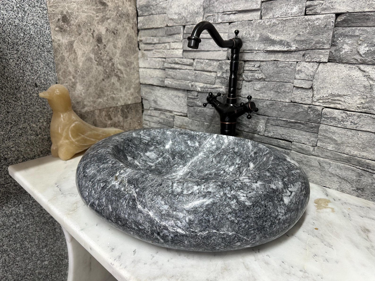 Grey Marble Vessel Sink, Round Bathroom Basin, Natural Stone Vanity ...