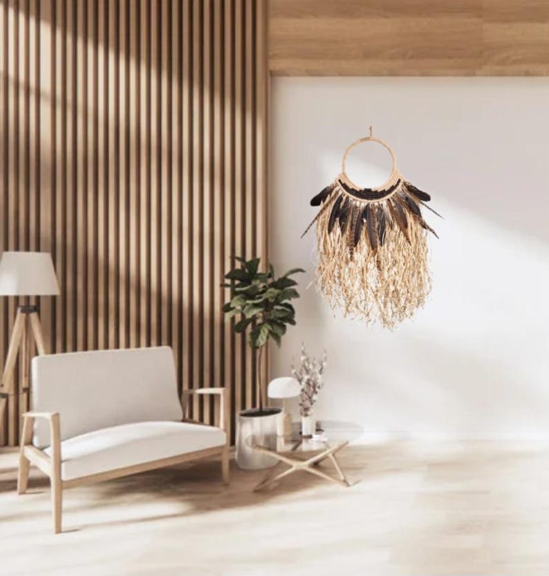 Feather Tribal Inspired Circle Fern/raffia Wall Art - Etsy