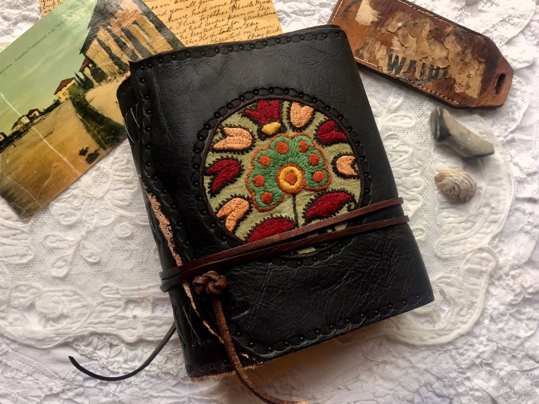 Dear Diary Reclaimed Leather Journal, Vintage Embroidered Linen, Tea ...