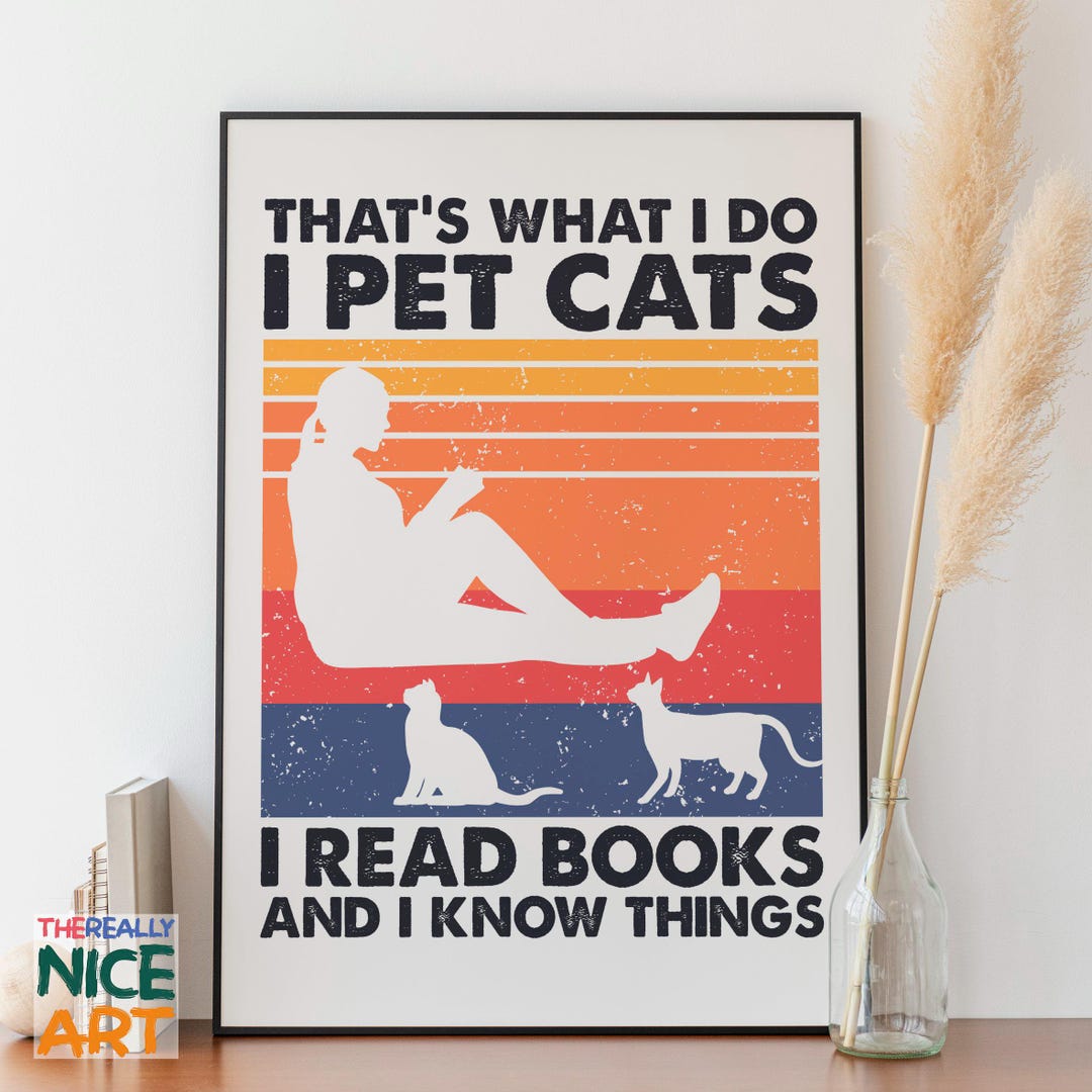 Retro Cat Lover Poster, Vintage Book Reading Art, Funny Cat Petting ...