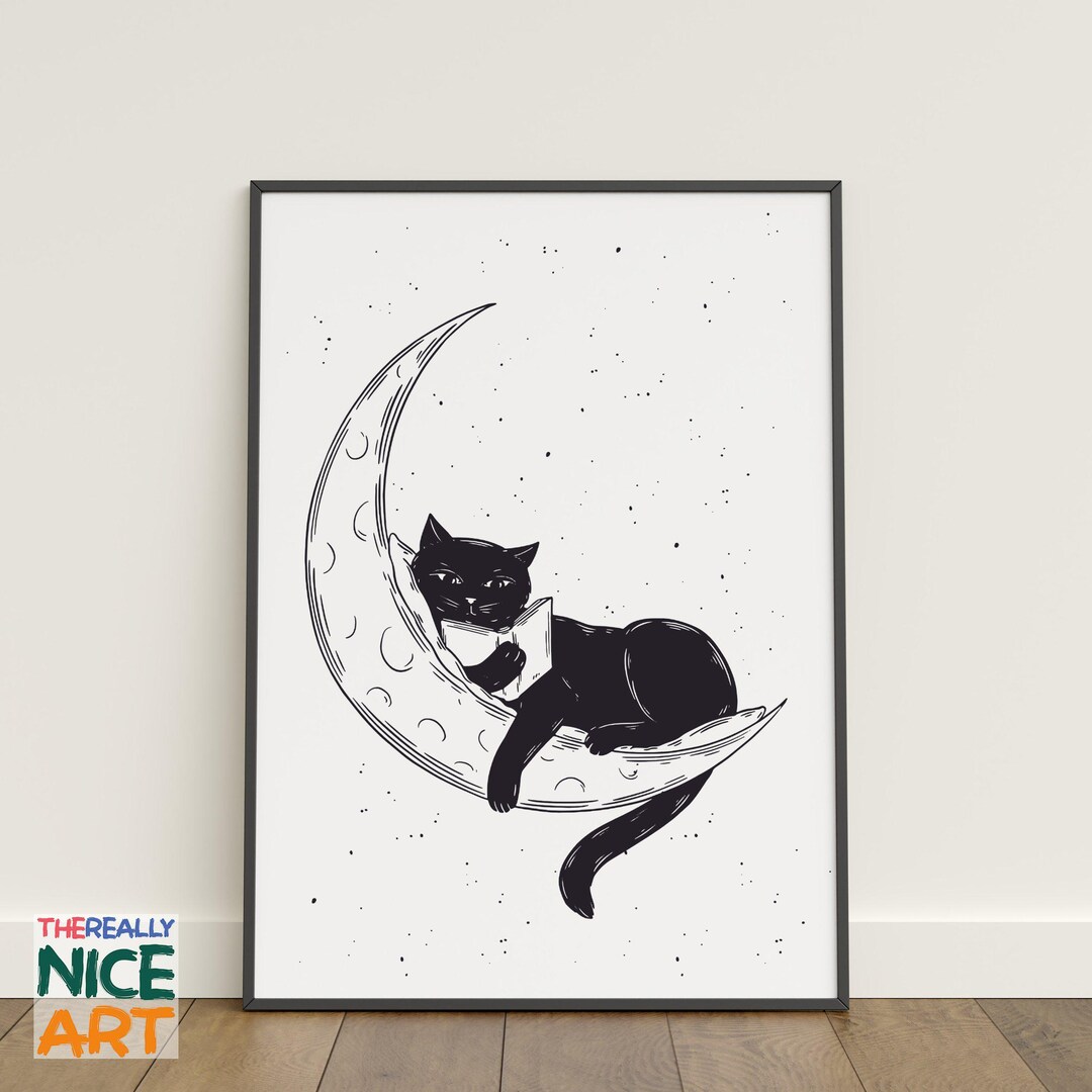 Black Cat on Moon Poster, Book Lover Digital Art, Moon and Cat and Book ...