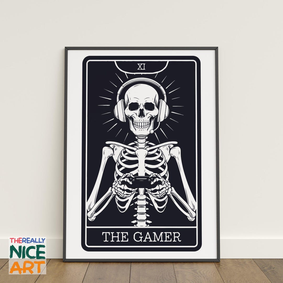 Gamer Skeleton PRINTABLE Wall Art, Gaming Tarot Card Art, Skull With ...