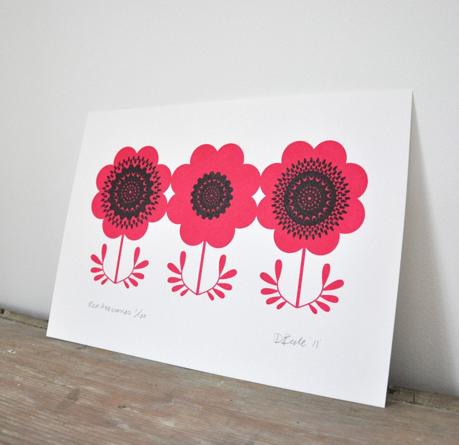 Red Anemones Hand Pulled Signed Gocco Screenprint - Etsy