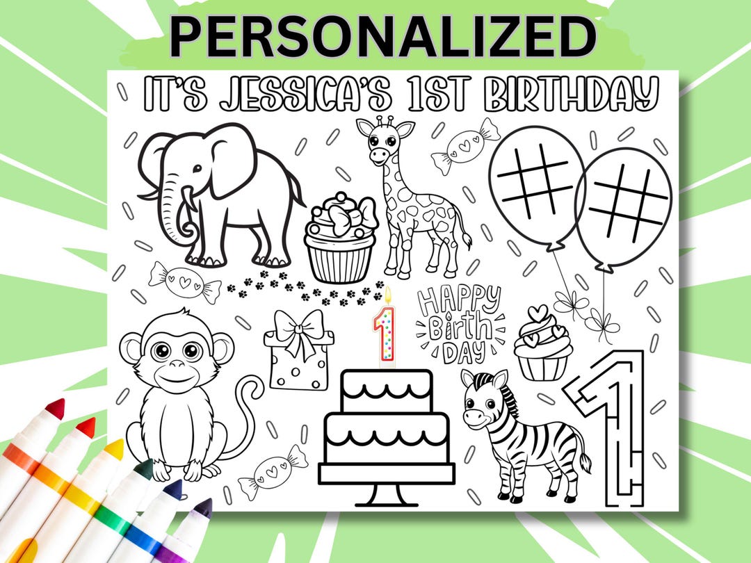 Jungle Birthday Party Coloring Page & Placemat | Safari Animal Theme ...