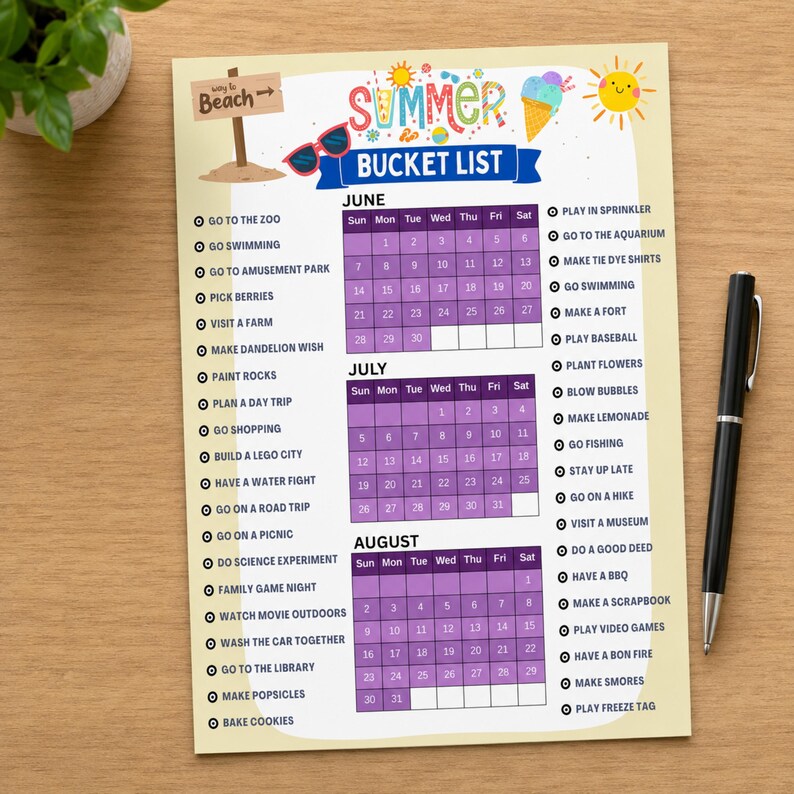 Editable Summer Bucket List Calendar for Kids, Canva Template ...