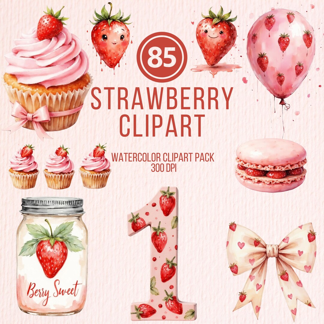 Watercolor Strawberry Clipart Bundle, First Birthday PNG (85 Files) - Etsy