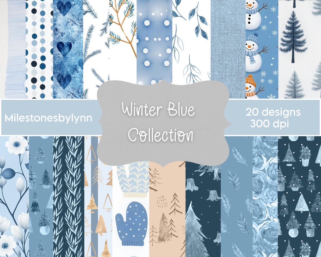 Printable Digital Paper, Pastel Blue Winter Pattern, Bundle for Junk ...