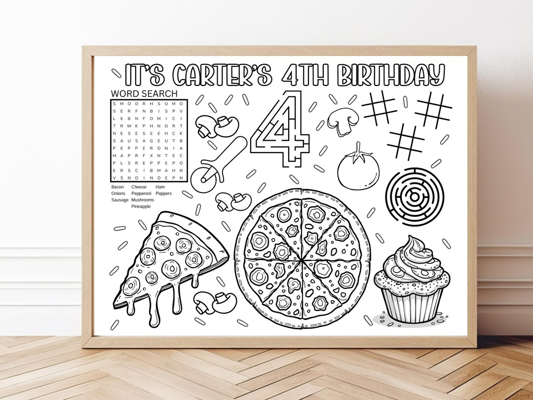 Pizza Party Birthday Coloring Page | Pizza Theme Table Activity ...