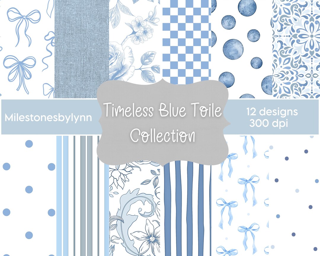 Blue Toile Digital Paper, Coquette Bow Patterns, Baby Shower Digital ...