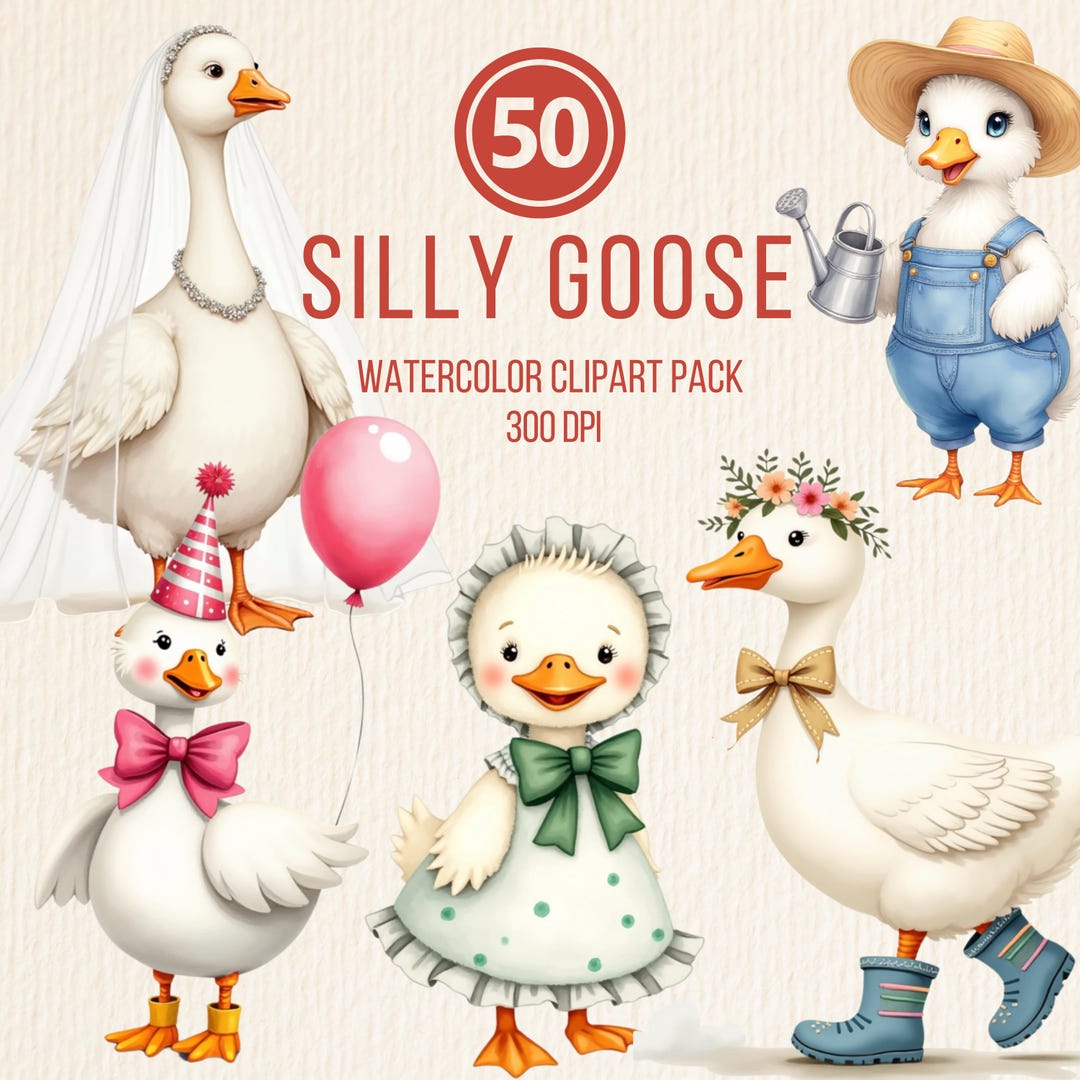 Silly Goose Clipart Bundle - Watercolor Cottagecore Animal PNG for ...