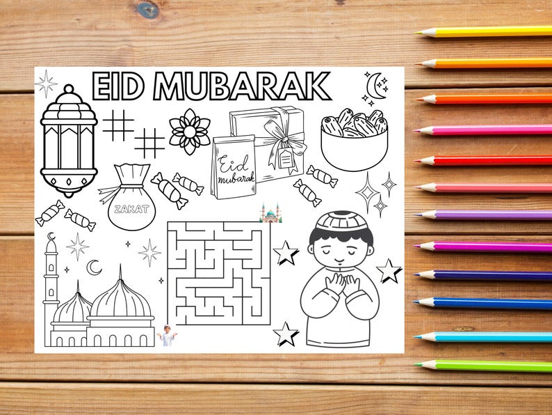 Eid Mubarak Coloring Page, Islamic Kids Activity, Ramadan Maze, Mosque ...