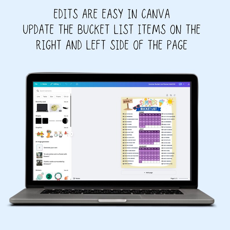 Editable Summer Bucket List Calendar for Kids, Canva Template ...