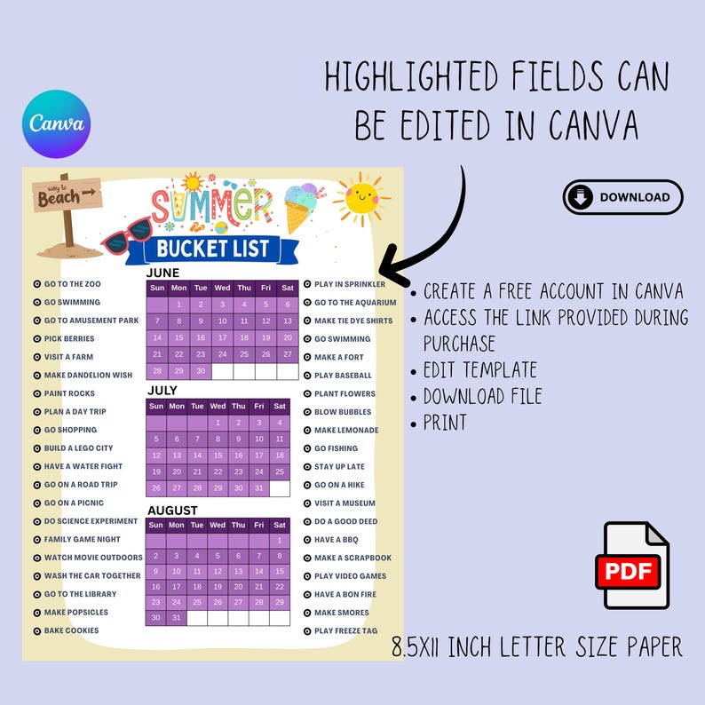 Editable Summer Bucket List Calendar for Kids, Canva Template ...