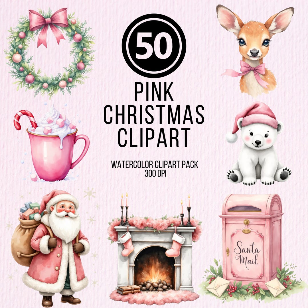 Pink Christmas Clipart Bundle, Watercolor Holiday PNG Set With Santa ...