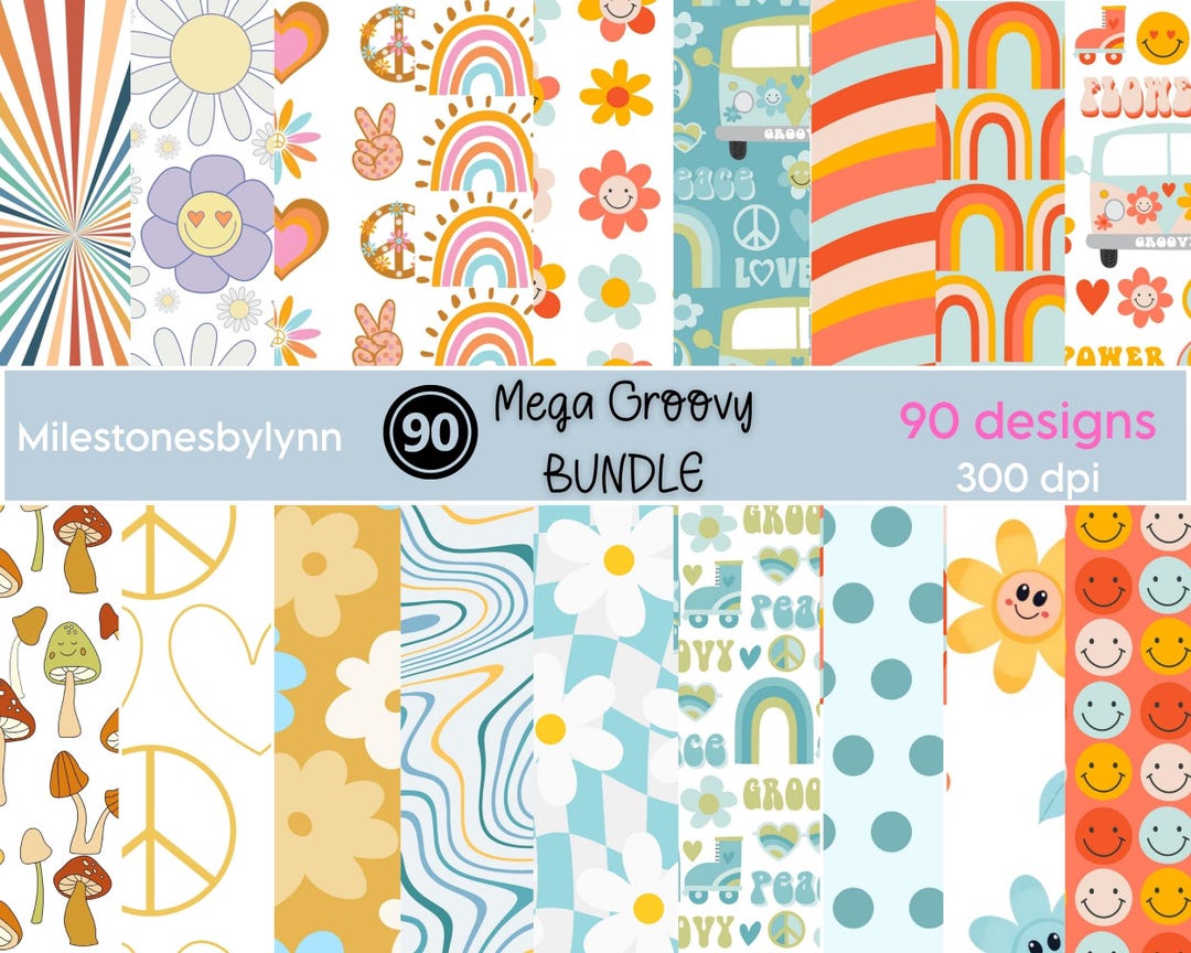 Groovy Digital Paper Bundle,pastel Floral & Rainbow Retro Designs for ...