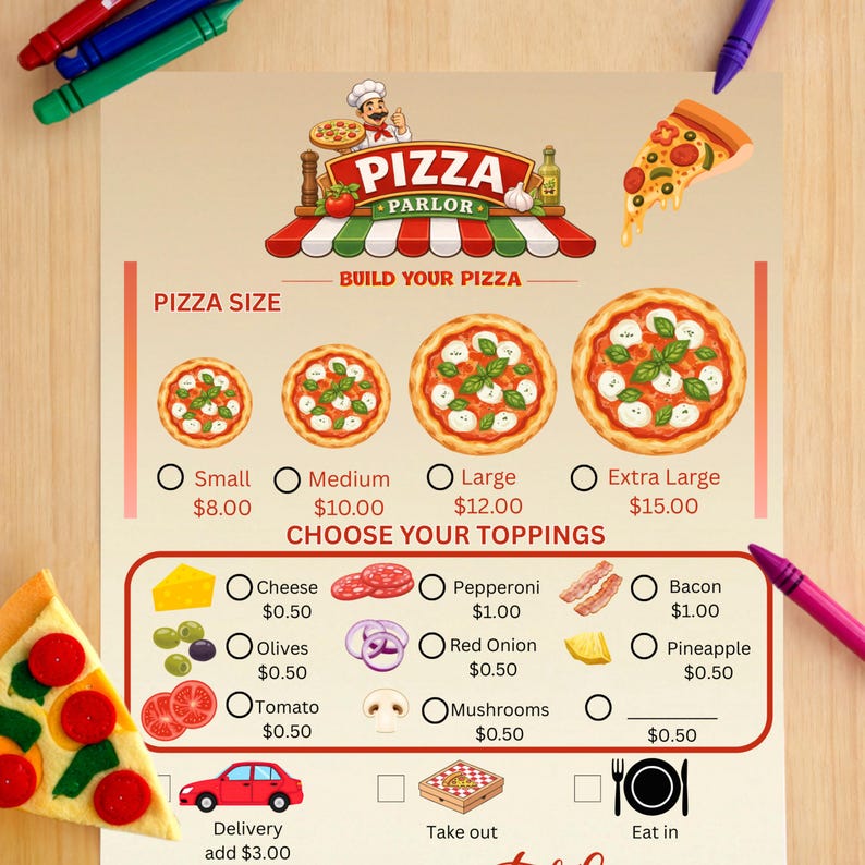 Pizza Shop Pretend Play Printable | Kids Pizza Order Sheet | Play ...