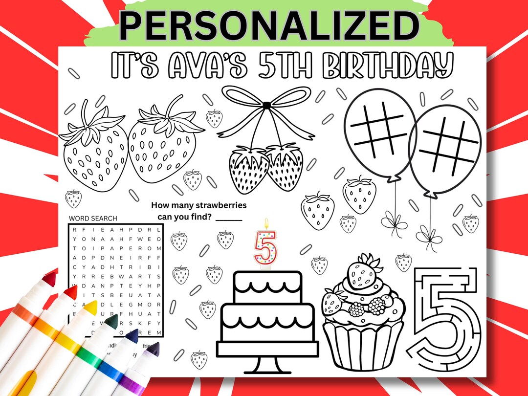 Strawberry Birthday Party Coloring Page & Placemat | Fun Kids Activity ...
