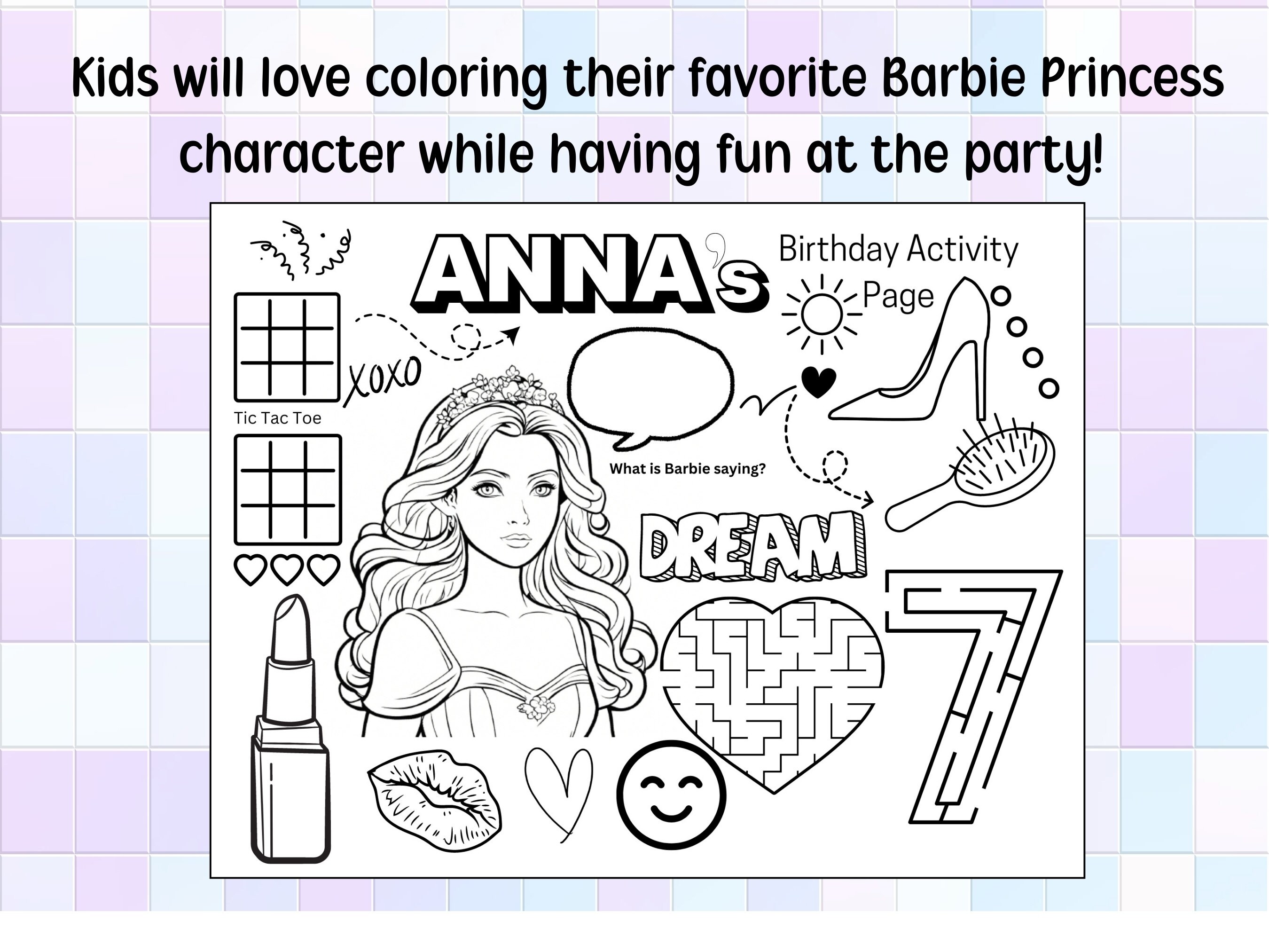 Barbie Doll Coloring Sheet,barbie Theme Party,printable Placemat for ...