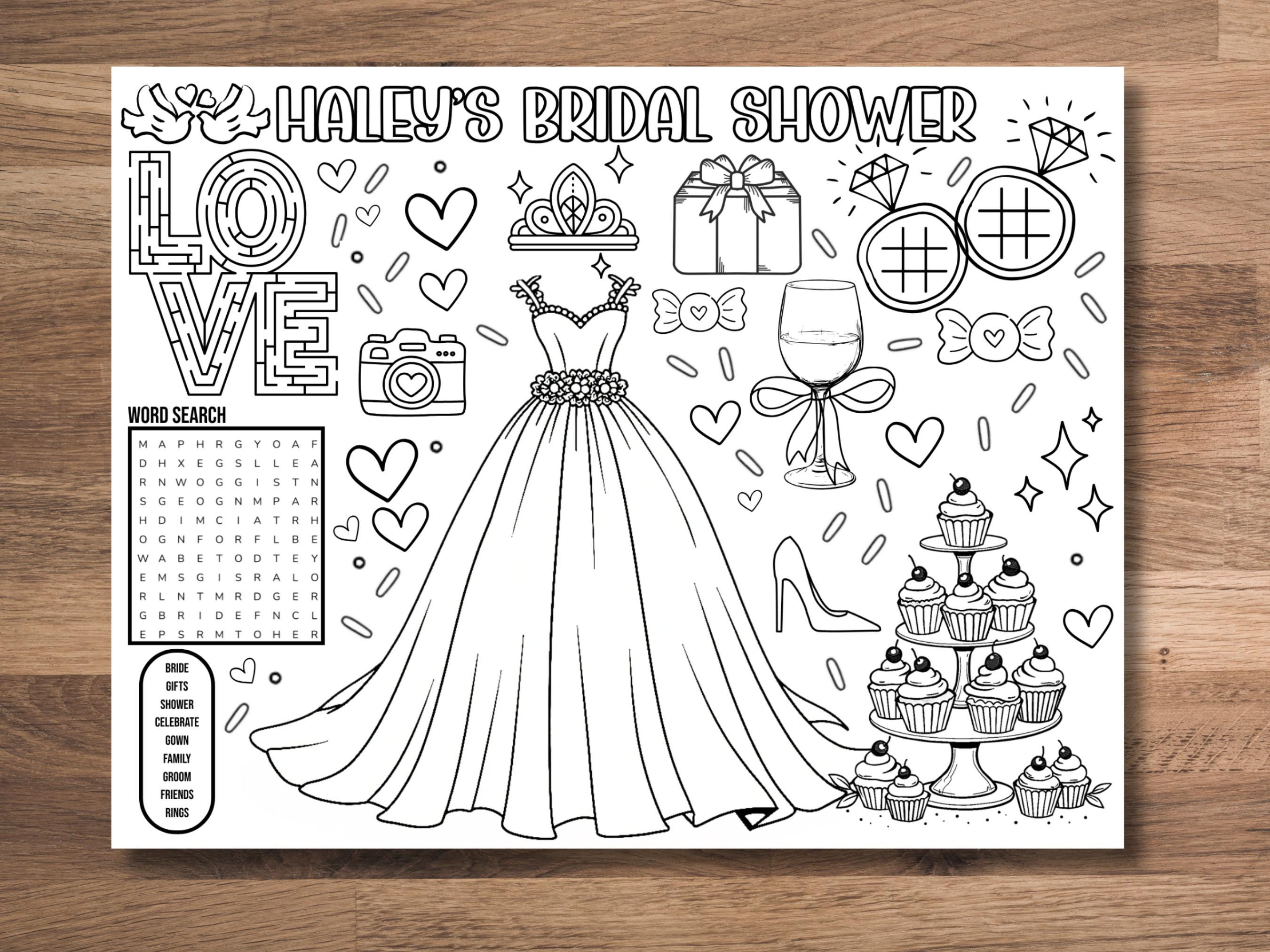 Coloring Page Bridal Shower Coloring Placemat & Keepsake Activity for ...