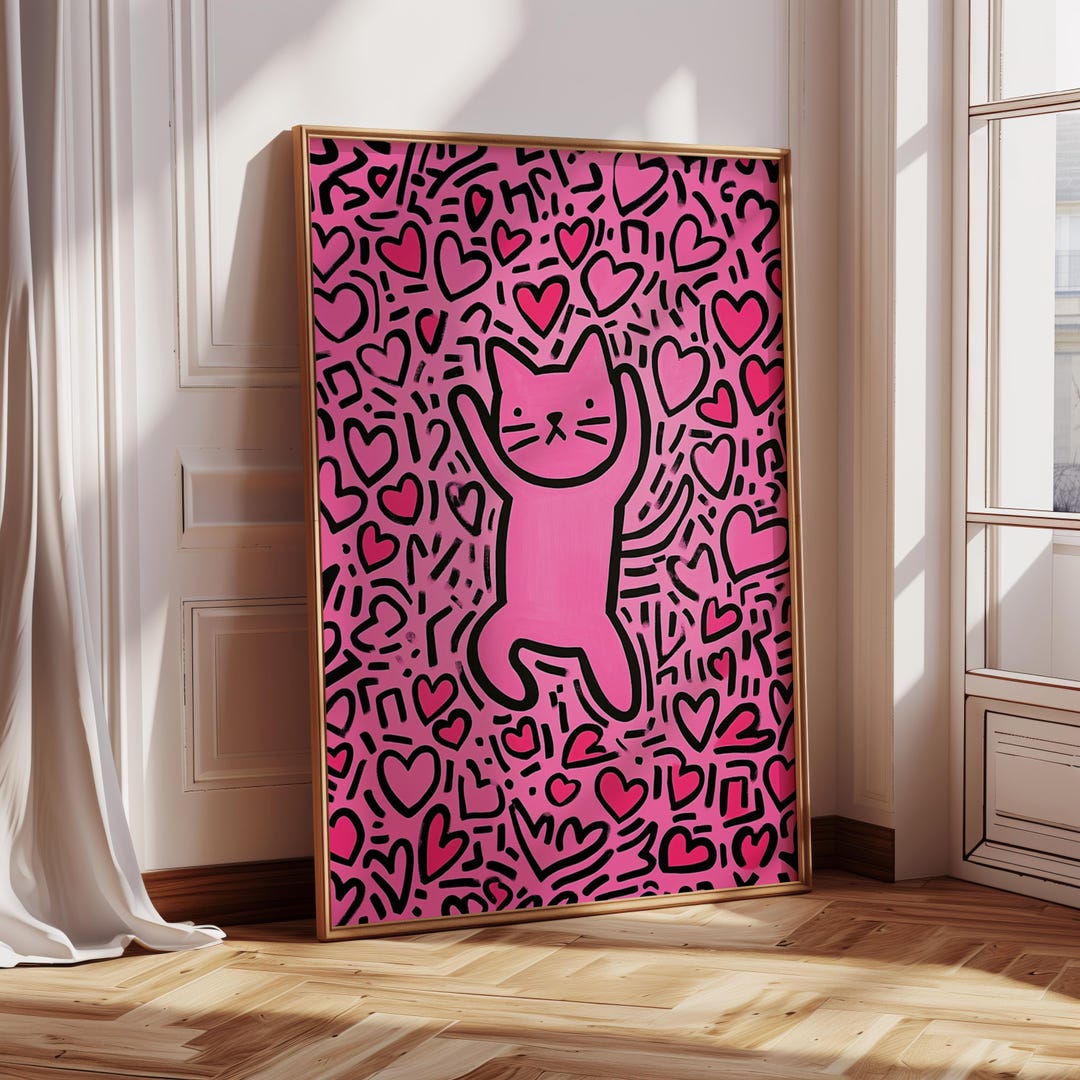 Pink Cat Print | Digital Art Download | Pink Dancing Cat Wall Decor ...