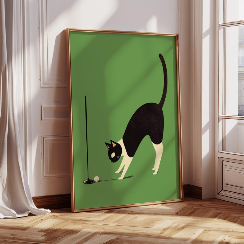 Golf Cat Art Print Golf Wall Decor Animal Art Gold Theme Art Cat Lover ...