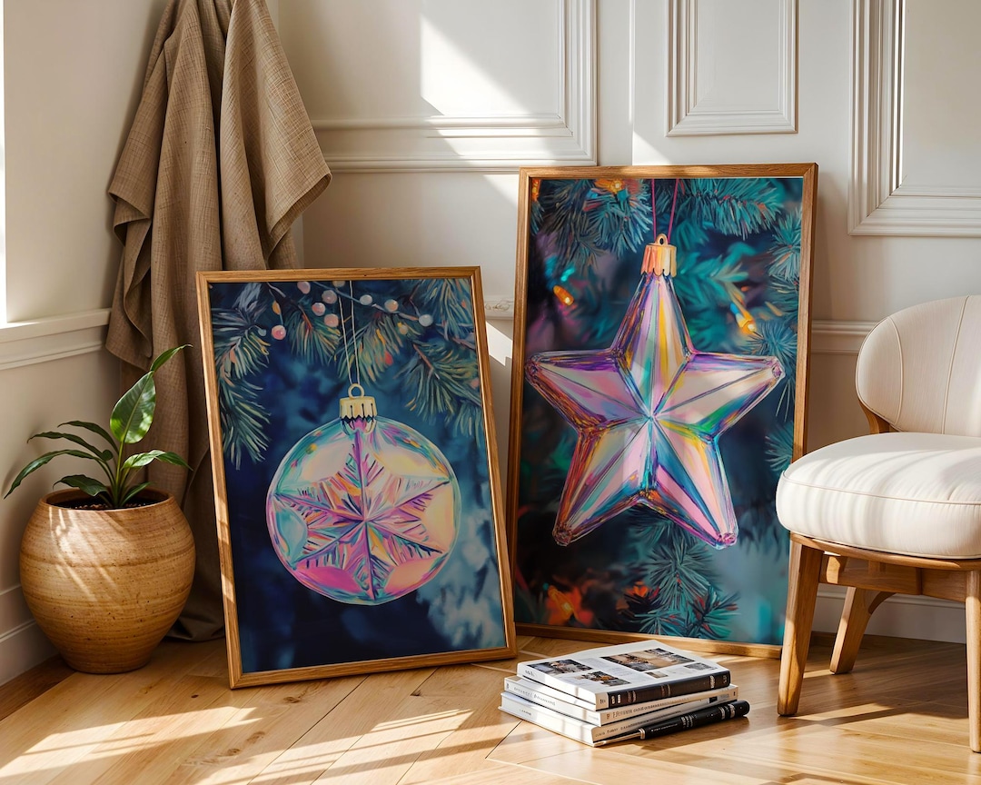 Iridescent Christmas Ornament Print Set: Neon Wall Art (digital ...