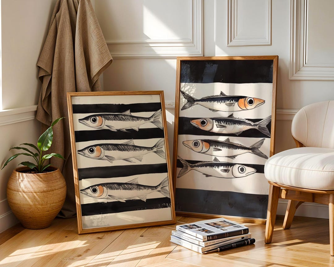 Sardine Wall Art Print, Anchovy Painting Set of 3, French Kitchen Art ...